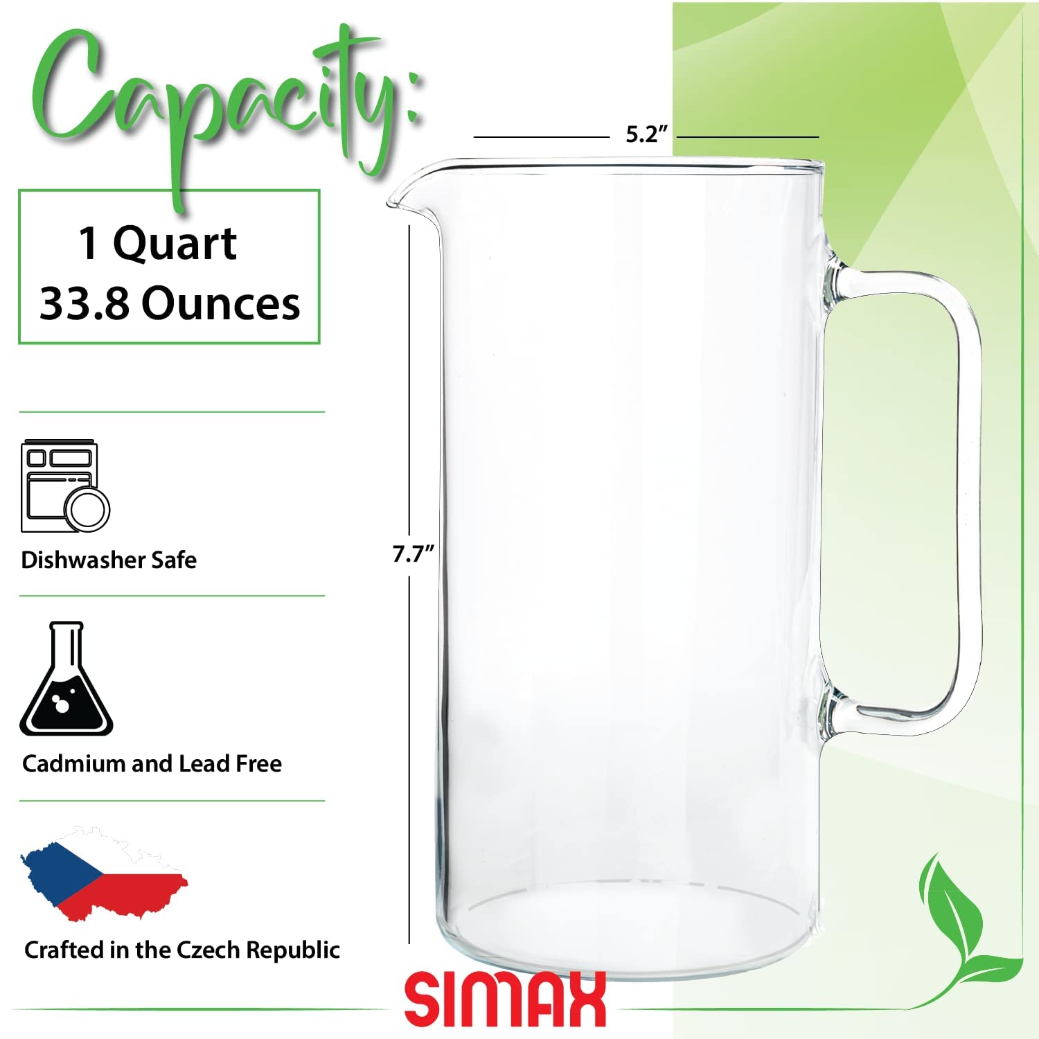 Simax Glass Pitcher, 32 Ounce (1 Quart) Borosilicate Glass, Hot and Cold Safe Iced Tea Pitchers for Drinks, Glass Water Pitcher, Cocktail Jug, Lemonade Pitcher, Sangria Pitchers, Juice Pitchers