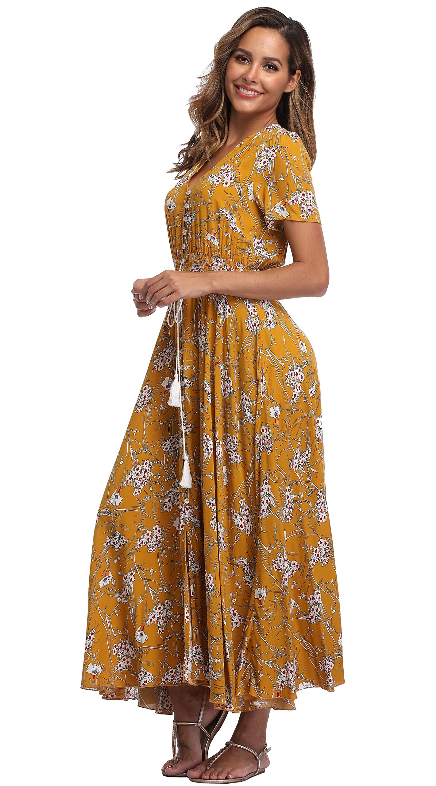 VintageClothing Women's Floral Maxi Dresses Boho Button Up Split Summer Casual Long Dress Beach Party Dress, L