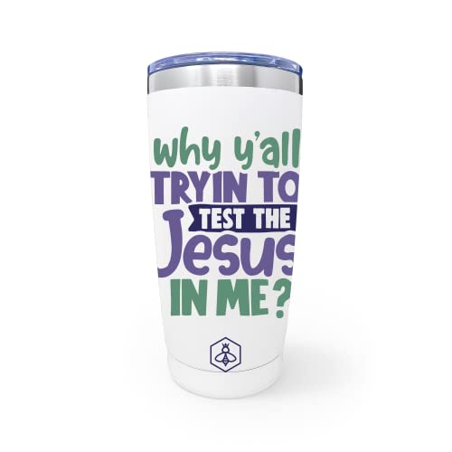 Biddlebee Best Friend Birthday Gifts Travel Coffee Mug w/ Slider Lid | 20oz Insulated Coffee Tumbler | Why Y'All Tryin to Test the Jesus in Me Cup | Funny Gifts for Women | Gifts for Mom