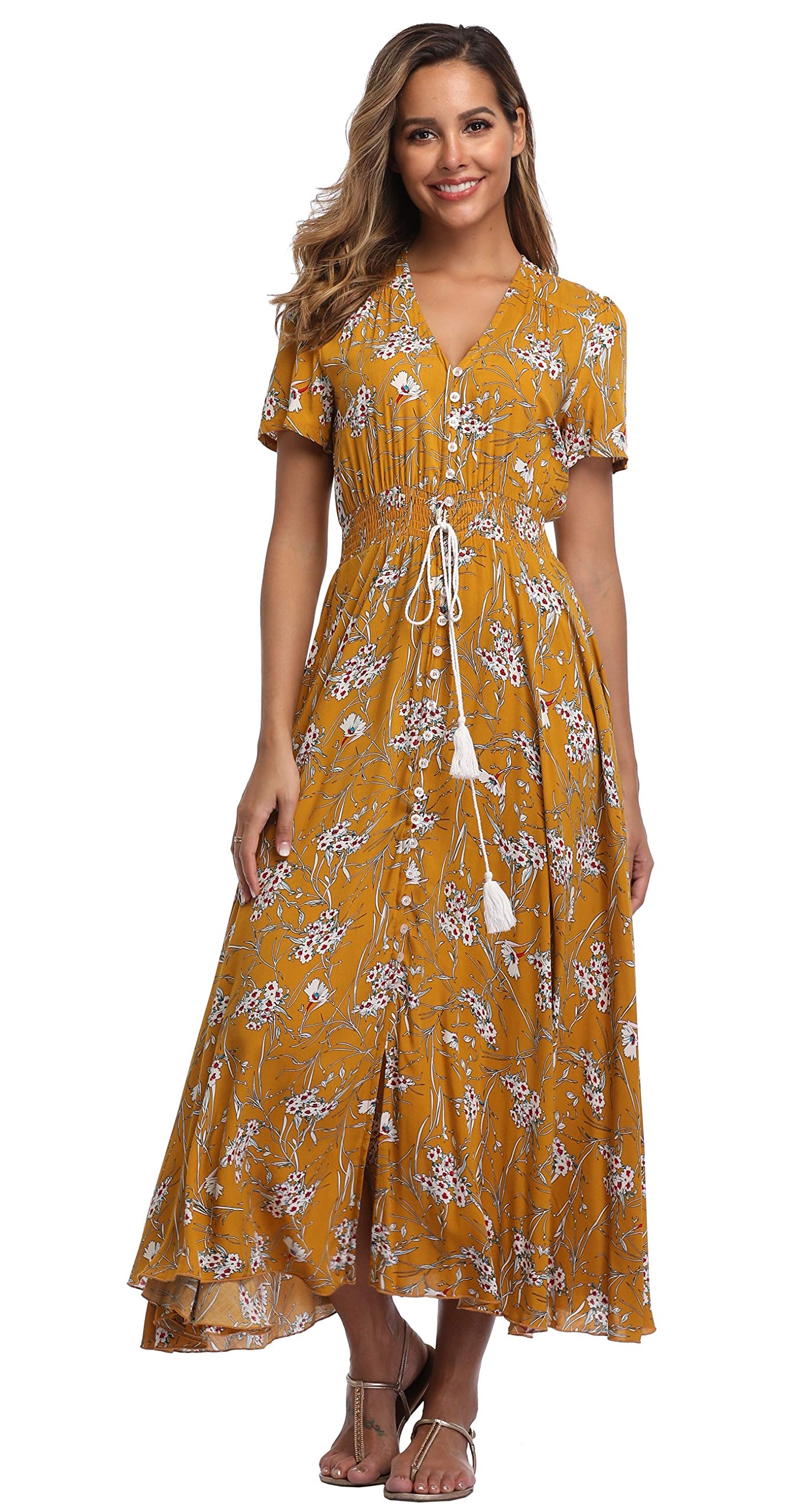 VintageClothing Women's Floral Maxi Dresses Boho Button Up Split Summer Casual Long Dress Beach Party Dress, L