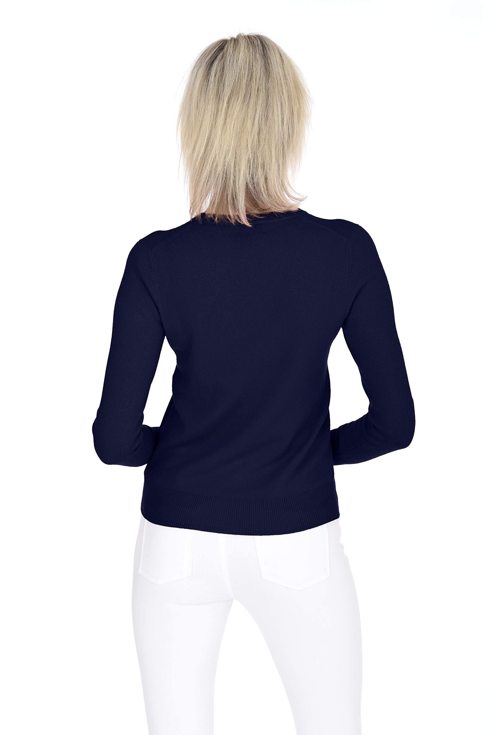 Cashmeren Women’s Essential Knit V-Neck Sweater 100% Merino Wool Long Sleeve Classic Pullover (Navy, Large)