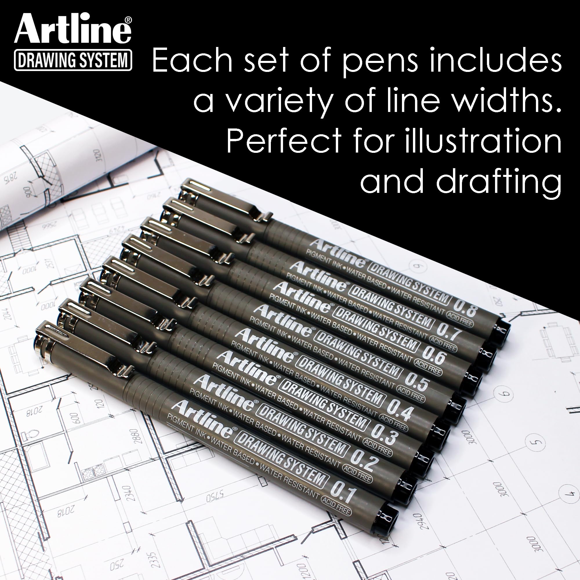 Artline 230 Drawing System Pens, Technical Drawing Pens For Drafting, Illustrating, and More, 0.2mm, 0.4mm, 0.6mm, and 0.8mm Fine Tips - Black, 4-Pack