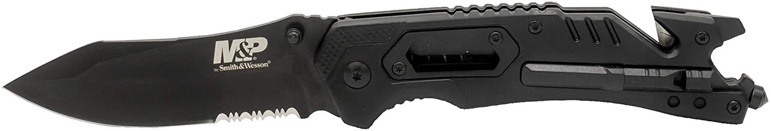 Smith & Wesson M&P 8.5in High Carbon S.S. Spring Assisted Folding Knife with 3.5in Serrated Drop Point Blade and Rubber Handle for Outdoor Survival and EDC,Tan