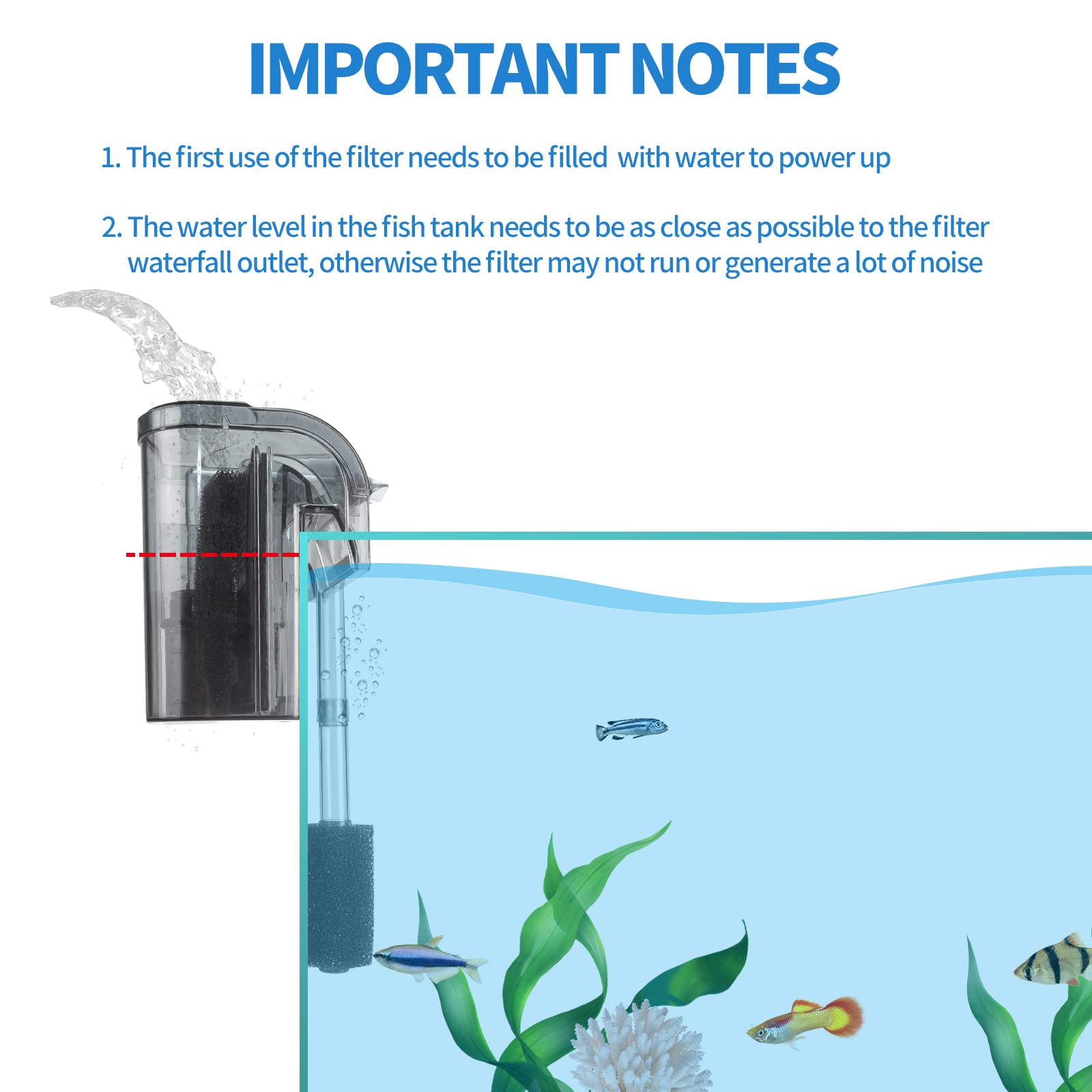Rimless Aquarium Hang On Filter - 3 in 1 External Power Waterfall Suspension Oxygen Pump - Submersible Hanging Activated Carbon Biochemical Wall Mounted Fish Tank Filtration Water