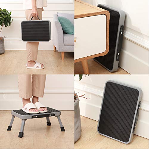Topfun Step Stool, Non-Slip Large Platform Safe Load--ANSI-ASC A14.11-2018 American National Standard, Sturdy Steel 1-StepFolding Stools for Kids Adults Seniors at Indoor Outdoor( Grey, 7inch Height)