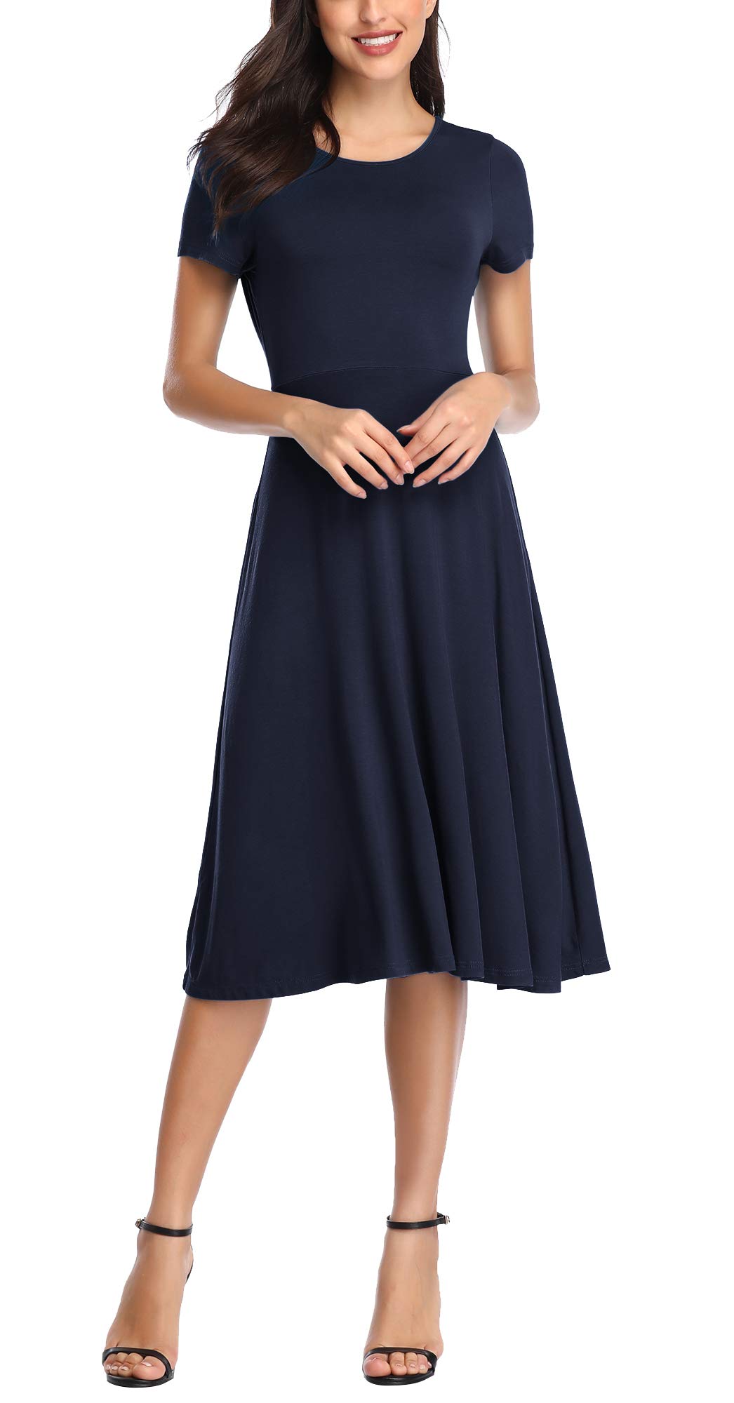 Urban CoCo Women's Vintage Short Sleeve High Waist Flared Midi Casual Summer Dress Navy Blue