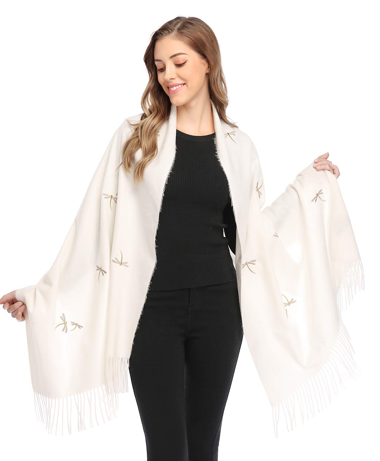 Bienvenu Dragonfly Detail Large Women Soft Cashmere Wool Wraps Shawls Stole Scarf,White