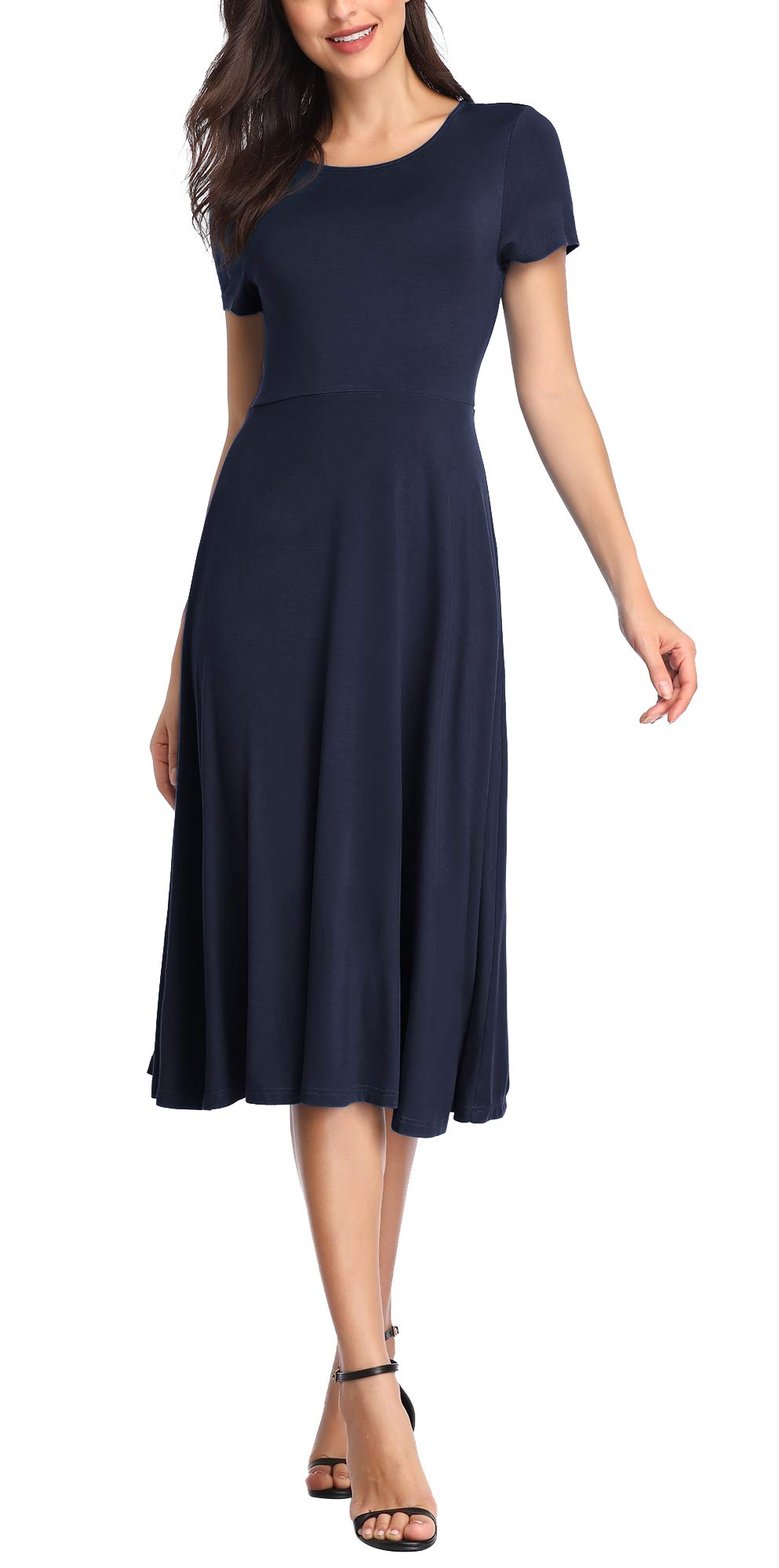 Urban CoCo Women's Vintage Short Sleeve High Waist Flared Midi Casual Summer Dress Navy Blue