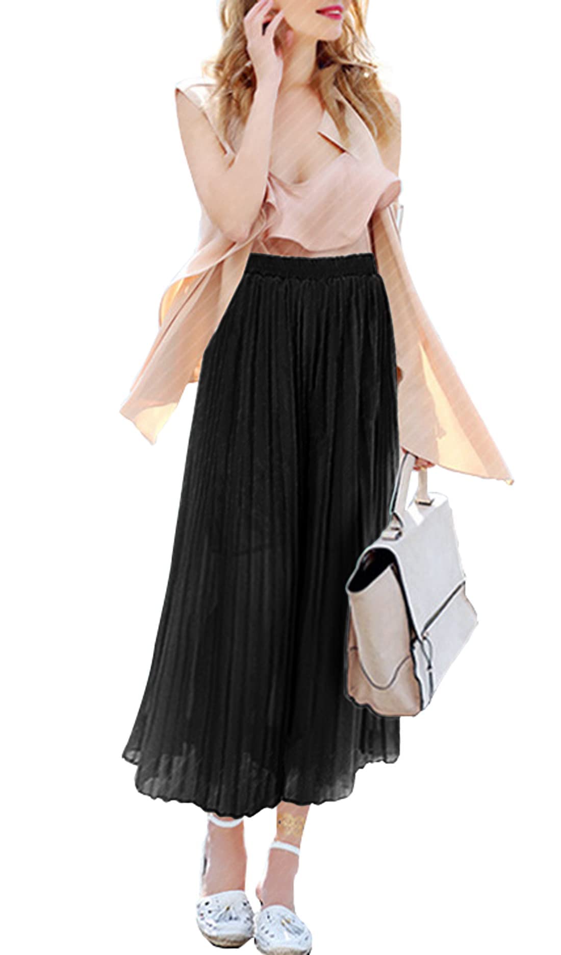 chouyatou Women's Elastic Waist A-Line Pleated Chiffon Cropped Wide Leg Pants Culottes (Large, Black)