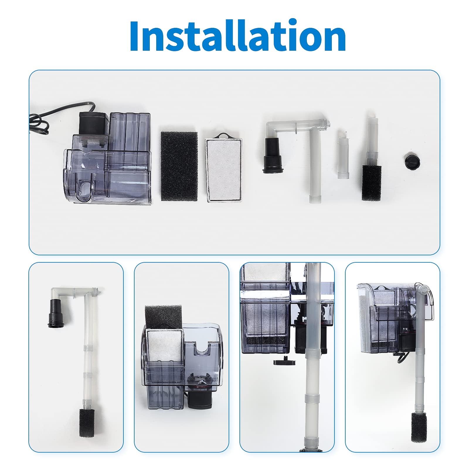Rimless Aquarium Hang On Filter - 3 in 1 External Power Waterfall Suspension Oxygen Pump - Submersible Hanging Activated Carbon Biochemical Wall Mounted Fish Tank Filtration Water