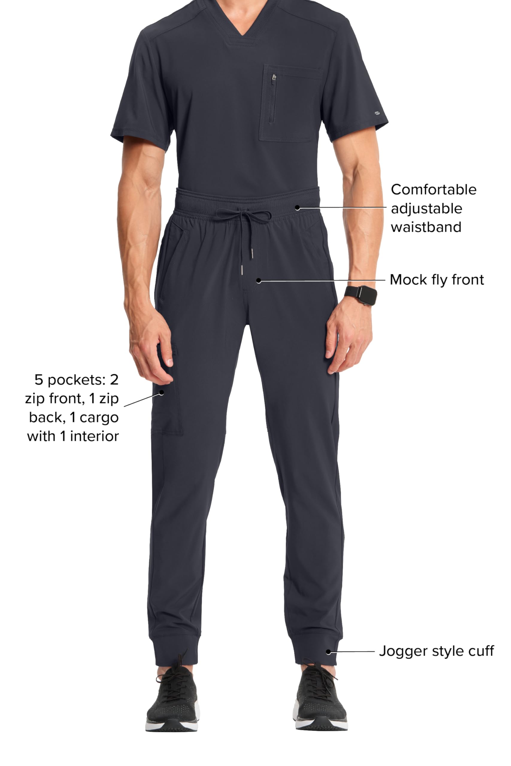 Infinity Cherokee Men's Jogger Pants with Drawstring Waist Mid Rise 5 Pockets Bottoms CK004AS, L Short, Pewter