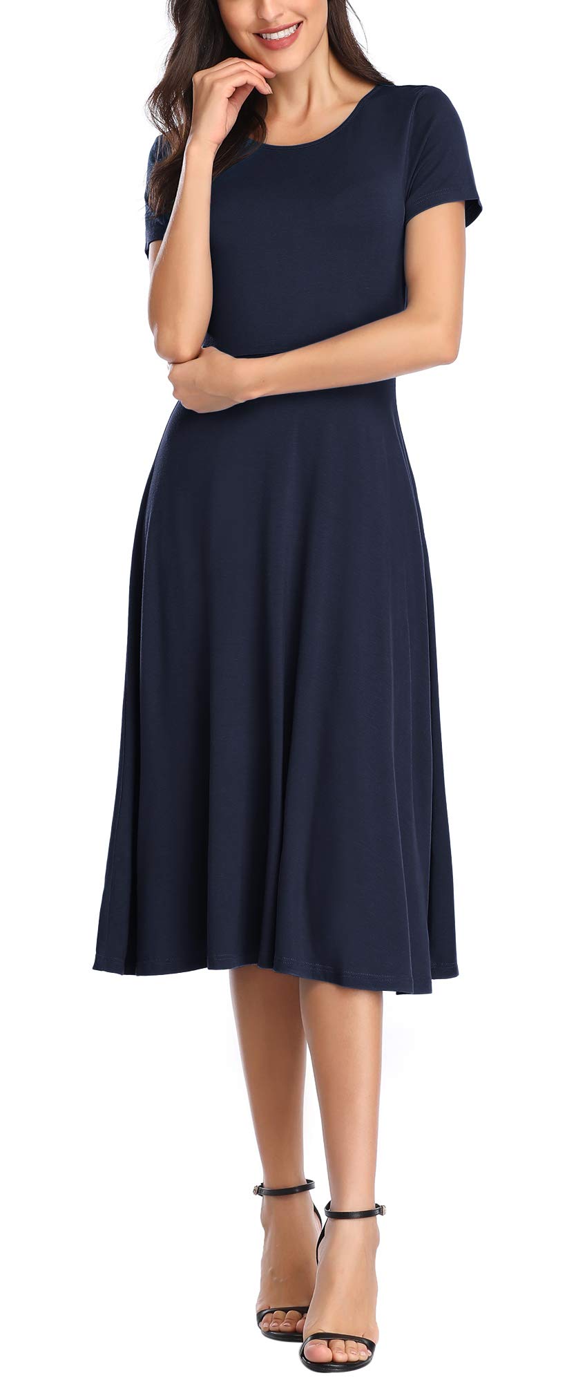 Urban CoCo Women's Vintage Short Sleeve High Waist Flared Midi Casual Summer Dress Navy Blue