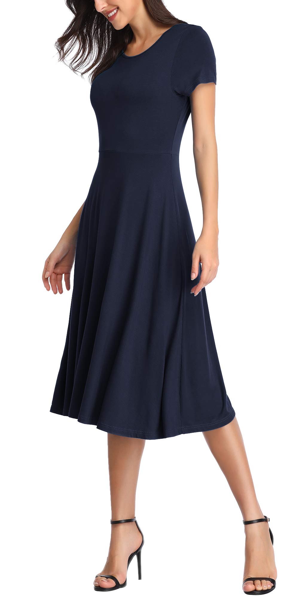 Urban CoCo Women's Vintage Short Sleeve High Waist Flared Midi Casual Summer Dress Navy Blue