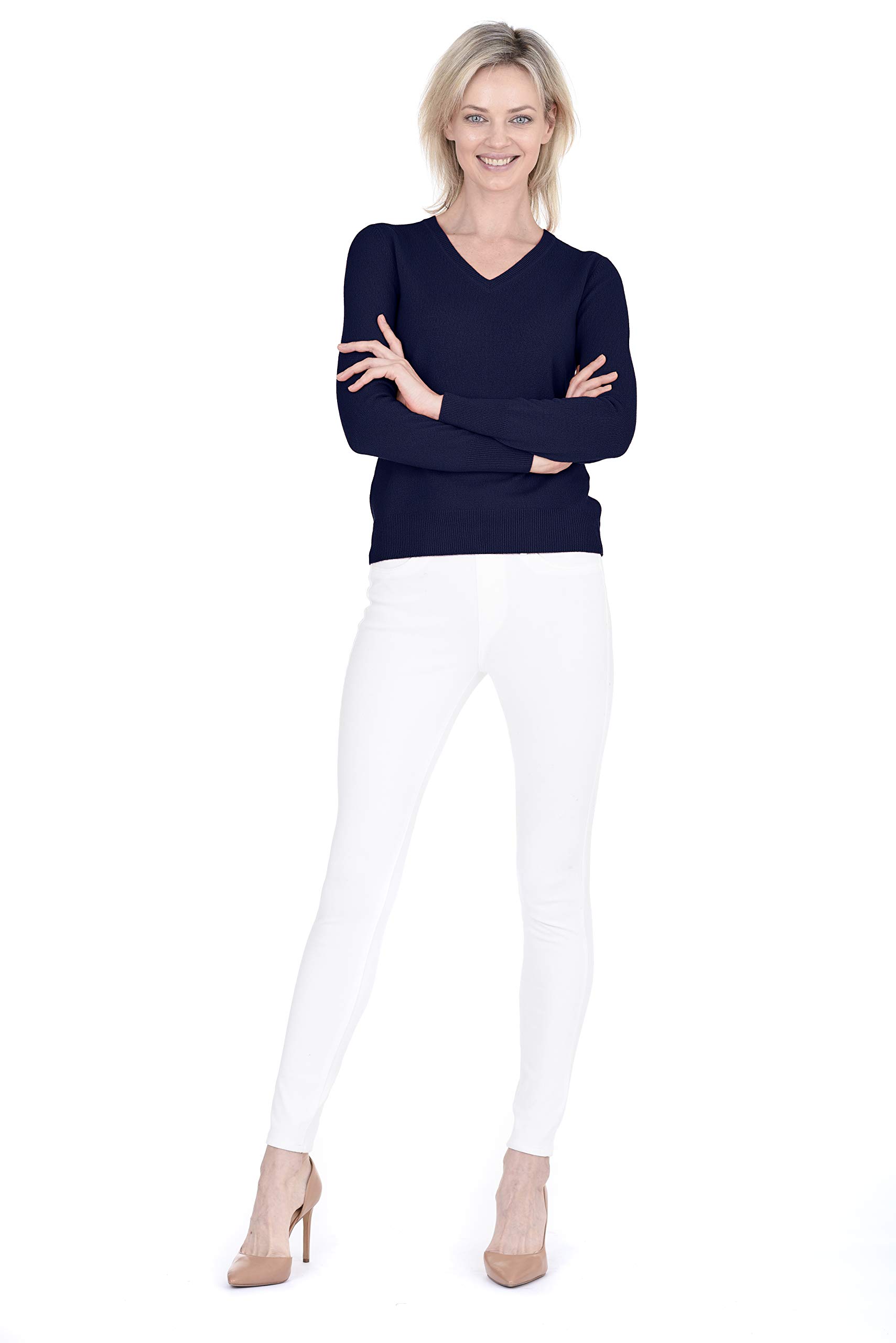 Cashmeren Women’s Essential Knit V-Neck Sweater 100% Merino Wool Long Sleeve Classic Pullover (Navy, Large)