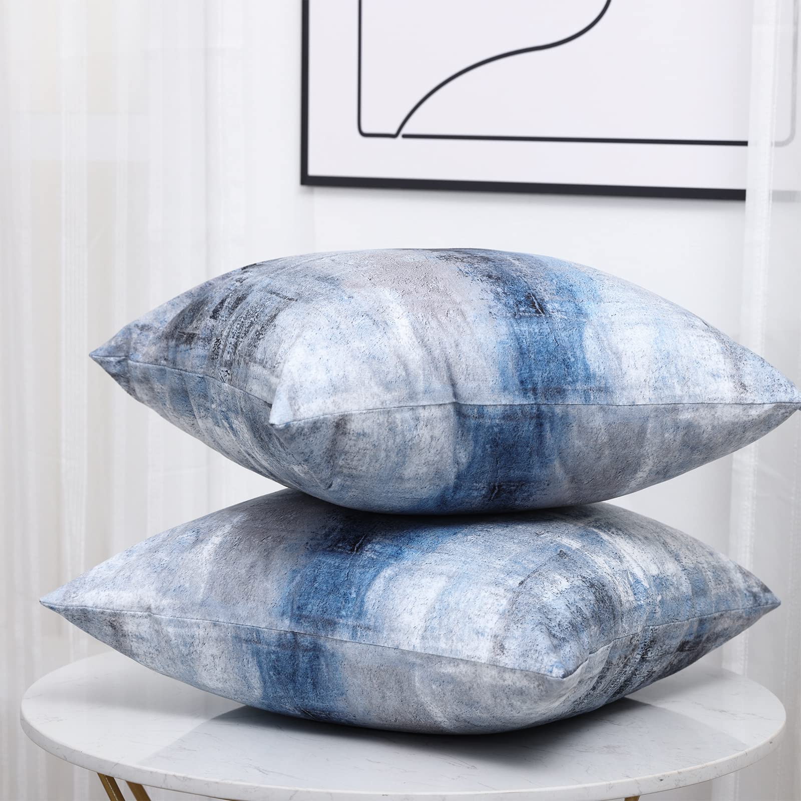 Alricc Blue and Grey Abstract Art Artwork Pillow Cover, Gallery Modern Decorative Throw Pillows Cushion Cover for Bedroom Sofa Living Room 18 x 18 Inch Set of 2