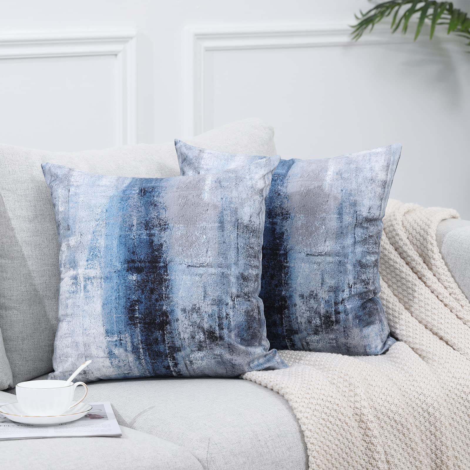 Alricc Blue and Grey Abstract Art Artwork Pillow Cover, Gallery Modern Decorative Throw Pillows Cushion Cover for Bedroom Sofa Living Room 18 x 18 Inch Set of 2