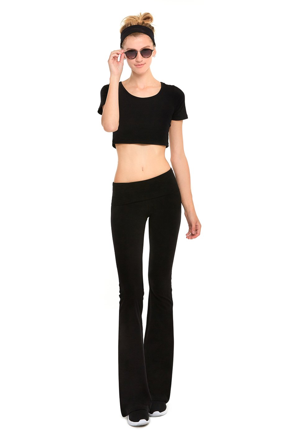 Gilbins Womens Fold-Over Waistband Stretchy Cotton Blend Yoga Pants with A Wide Flare Leg 2 Pack (1 Grey 1 Black, Large)
