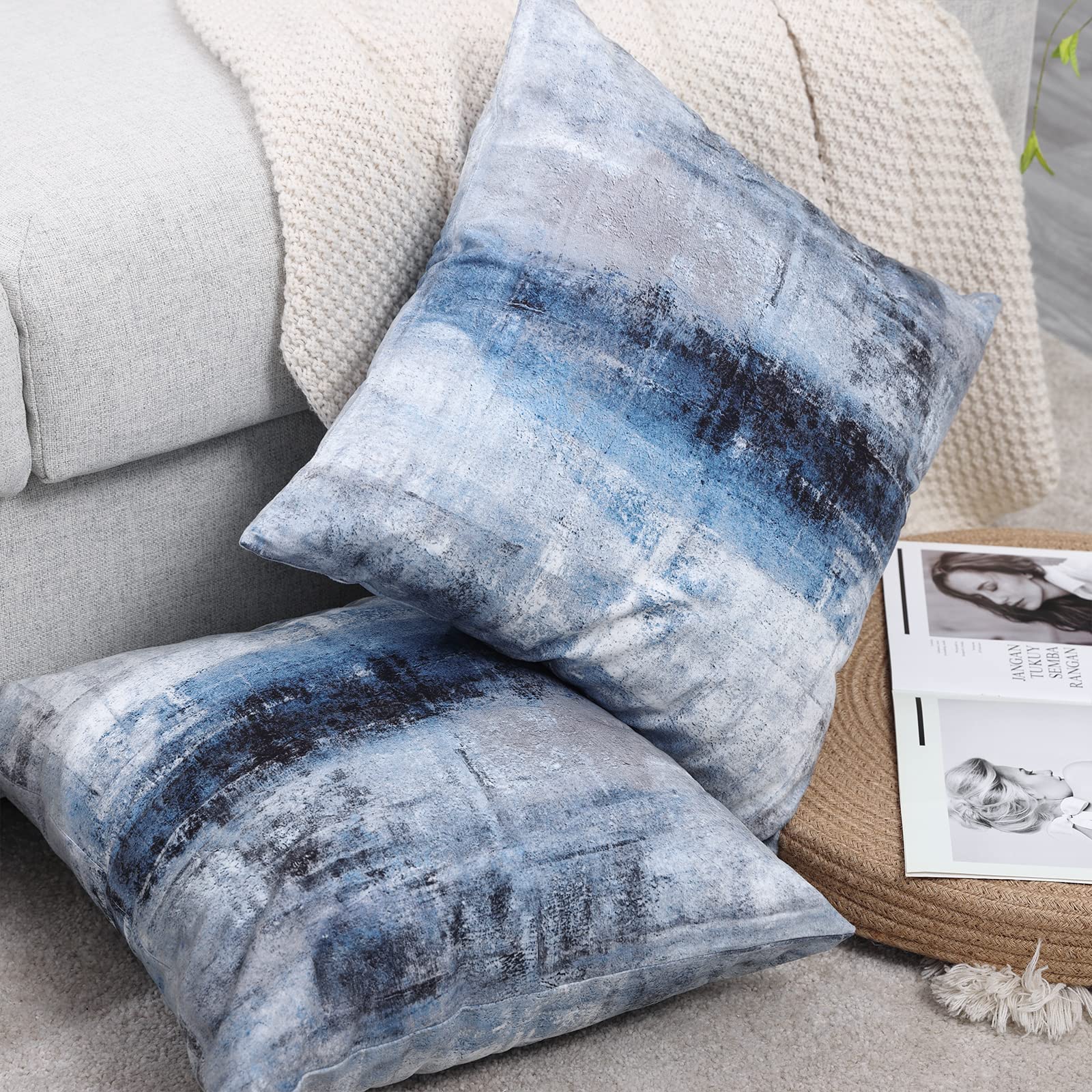 Alricc Blue and Grey Abstract Art Artwork Pillow Cover, Gallery Modern Decorative Throw Pillows Cushion Cover for Bedroom Sofa Living Room 18 x 18 Inch Set of 2