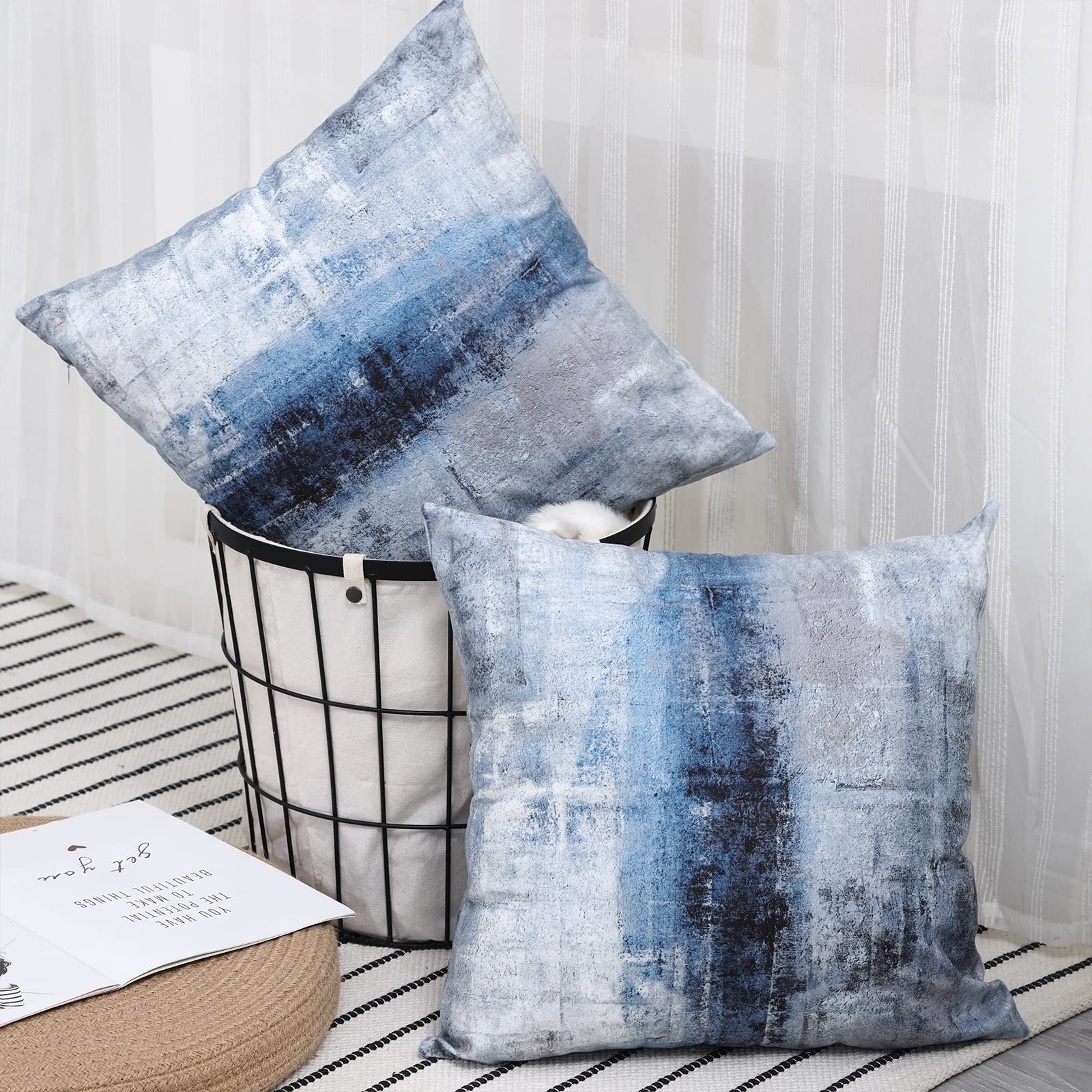 Alricc Blue and Grey Abstract Art Artwork Pillow Cover, Gallery Modern Decorative Throw Pillows Cushion Cover for Bedroom Sofa Living Room 18 x 18 Inch Set of 2