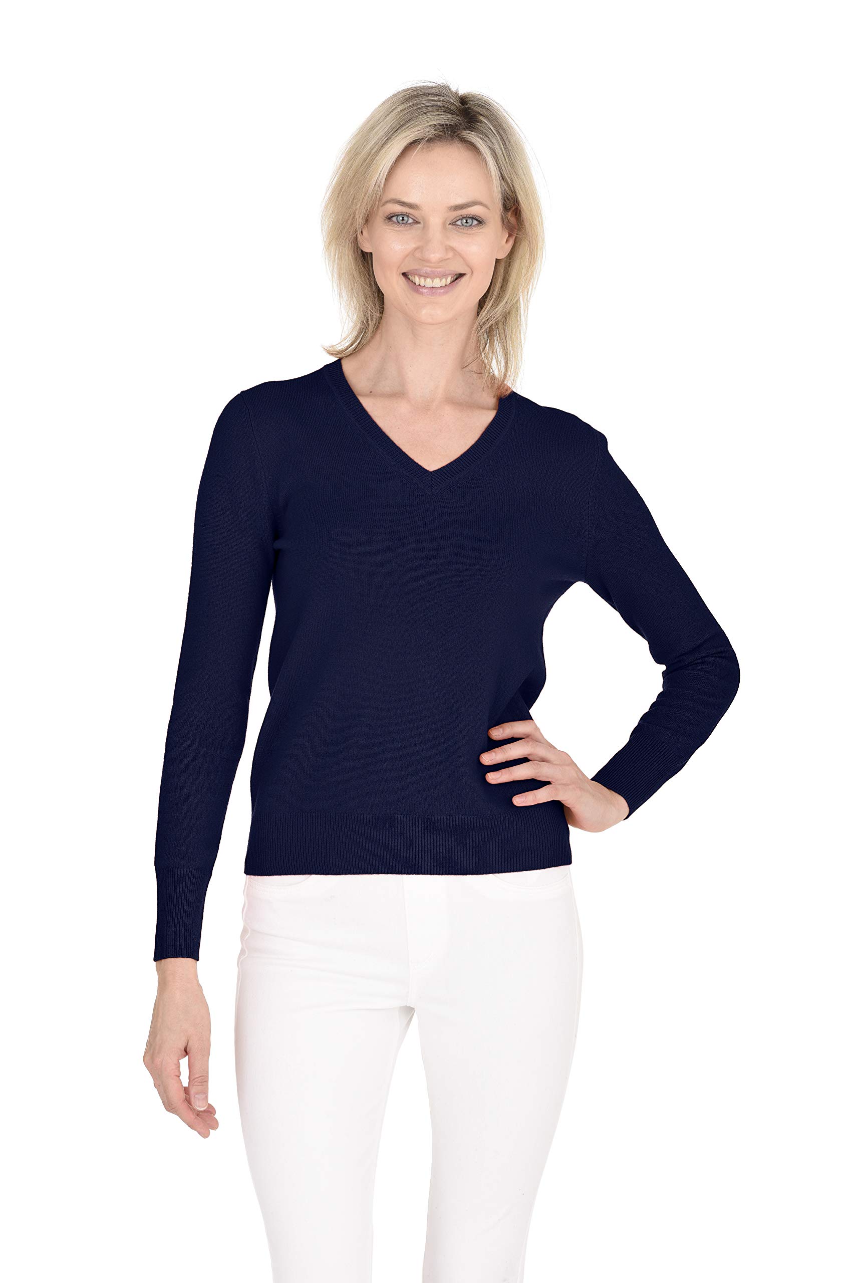 Cashmeren Women’s Essential Knit V-Neck Sweater 100% Merino Wool Long Sleeve Classic Pullover (Navy, Large)