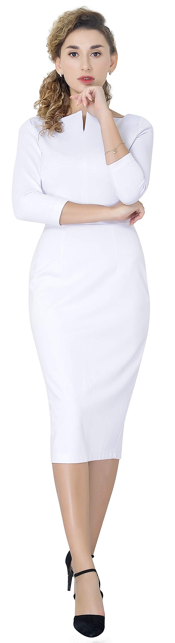 Marycrafts Women's Work Office Business Square Neck Sheath Midi Dress 12 Off White