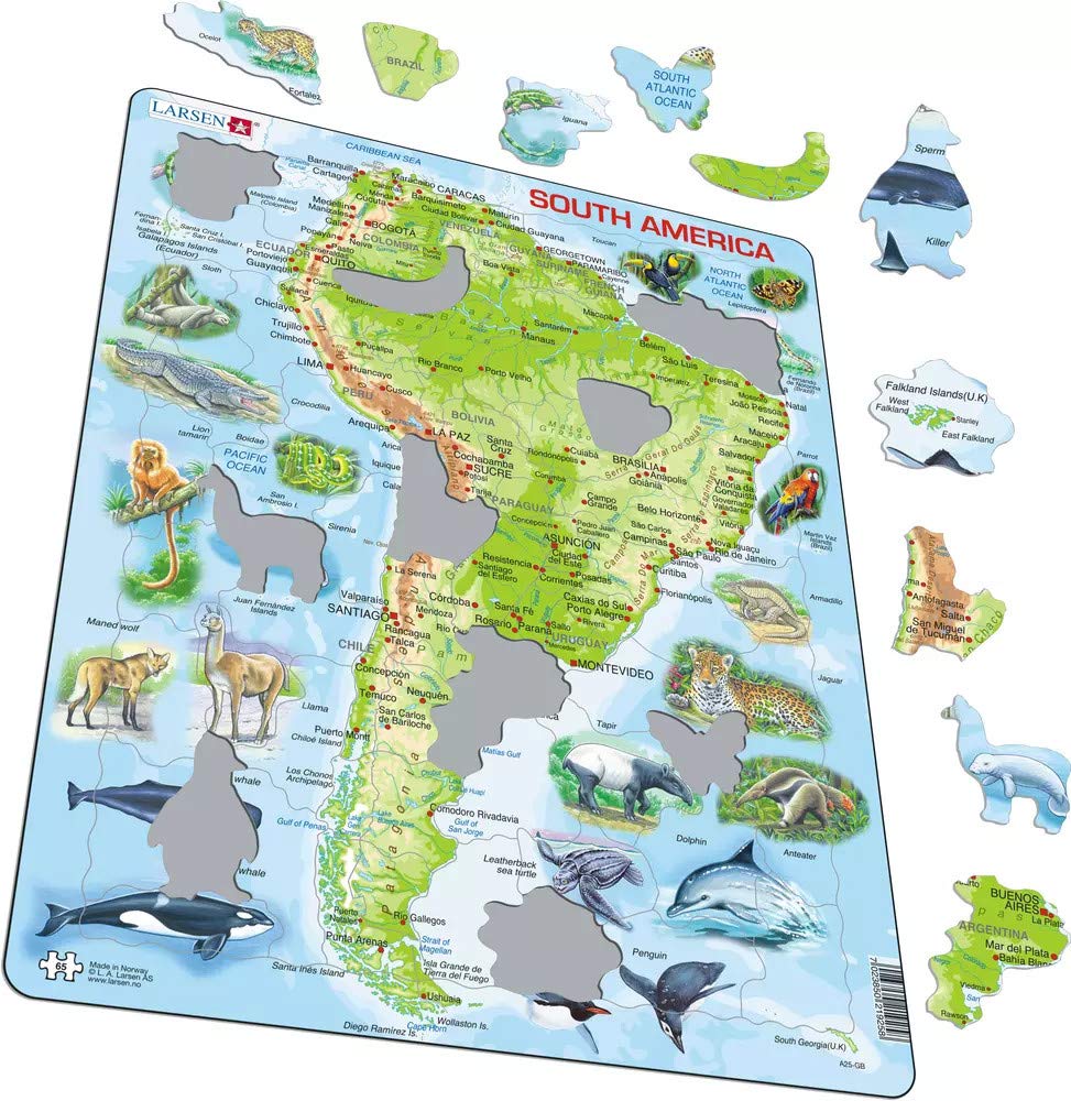 Larsen Puzzles South America Map with Animals 65 Piece Children's Educational Jigsaw Puzzle