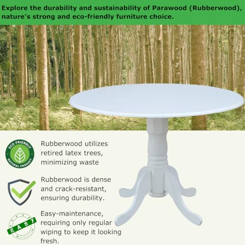 IC International Concepts, 42" Round Dual Drop Leaf Pedestal Dining Table, Solid Real Wood, Sturdy Parawood, White