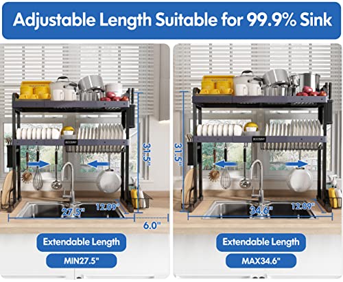 BOOSINY Over The Sink Dish Drying Rack, 2 Tier Stainless Steel Large Adjustable Kitchen Dish Drainer, Home Storage Organizer Shelf Above Counter with 6 Hooks
