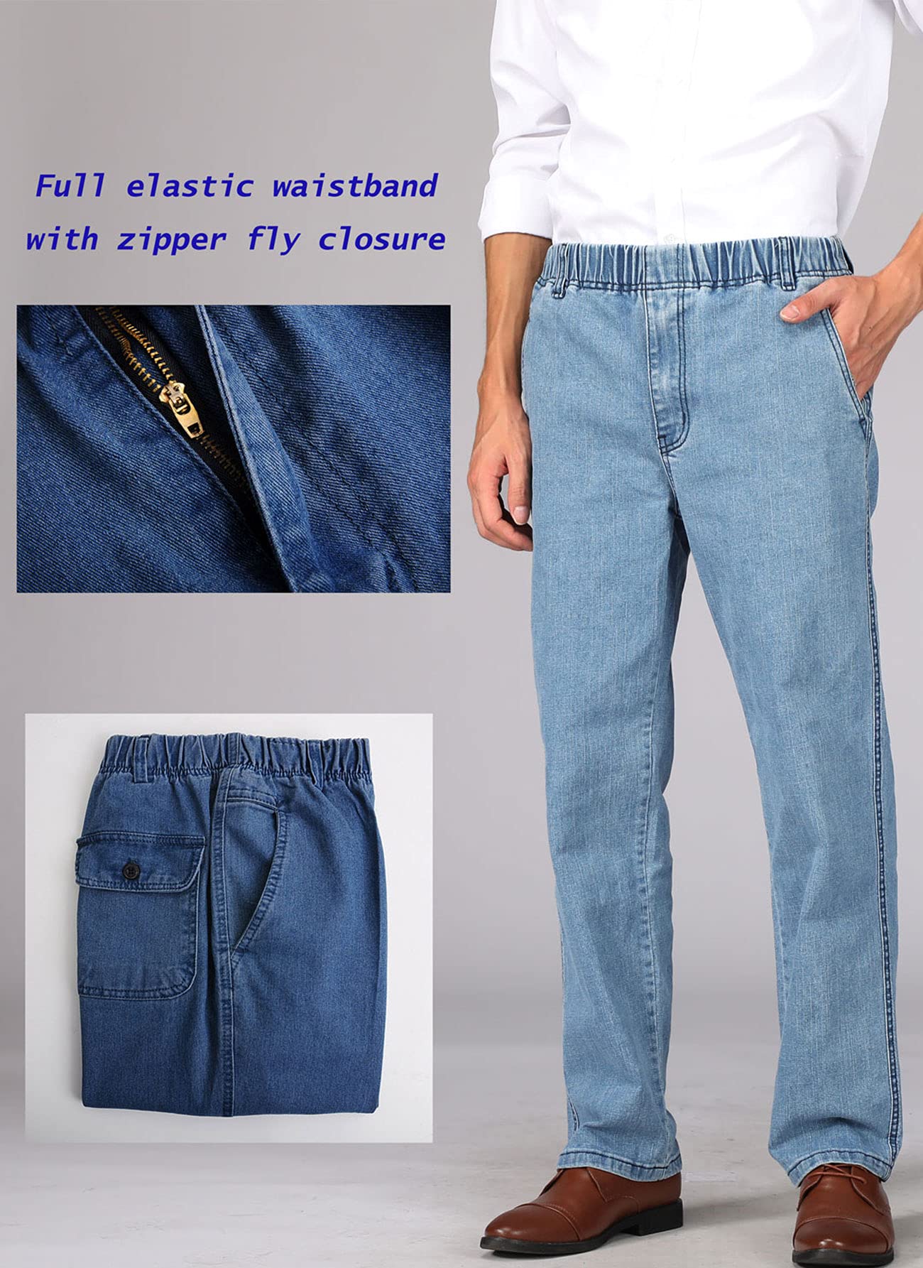 Soojun Mens Casual Loose Fit Elastic Waist Jeans Denim Pants, Indigo, 38W x 32L