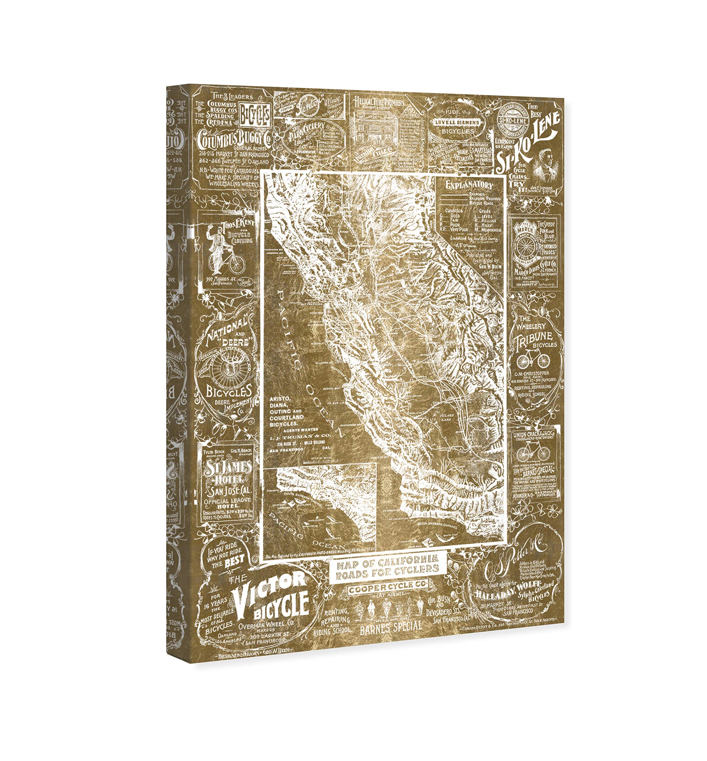The Oliver Gal Artist Co. Maps Wall Art Canvas Prints 'Map of California for Cyclers Gold'