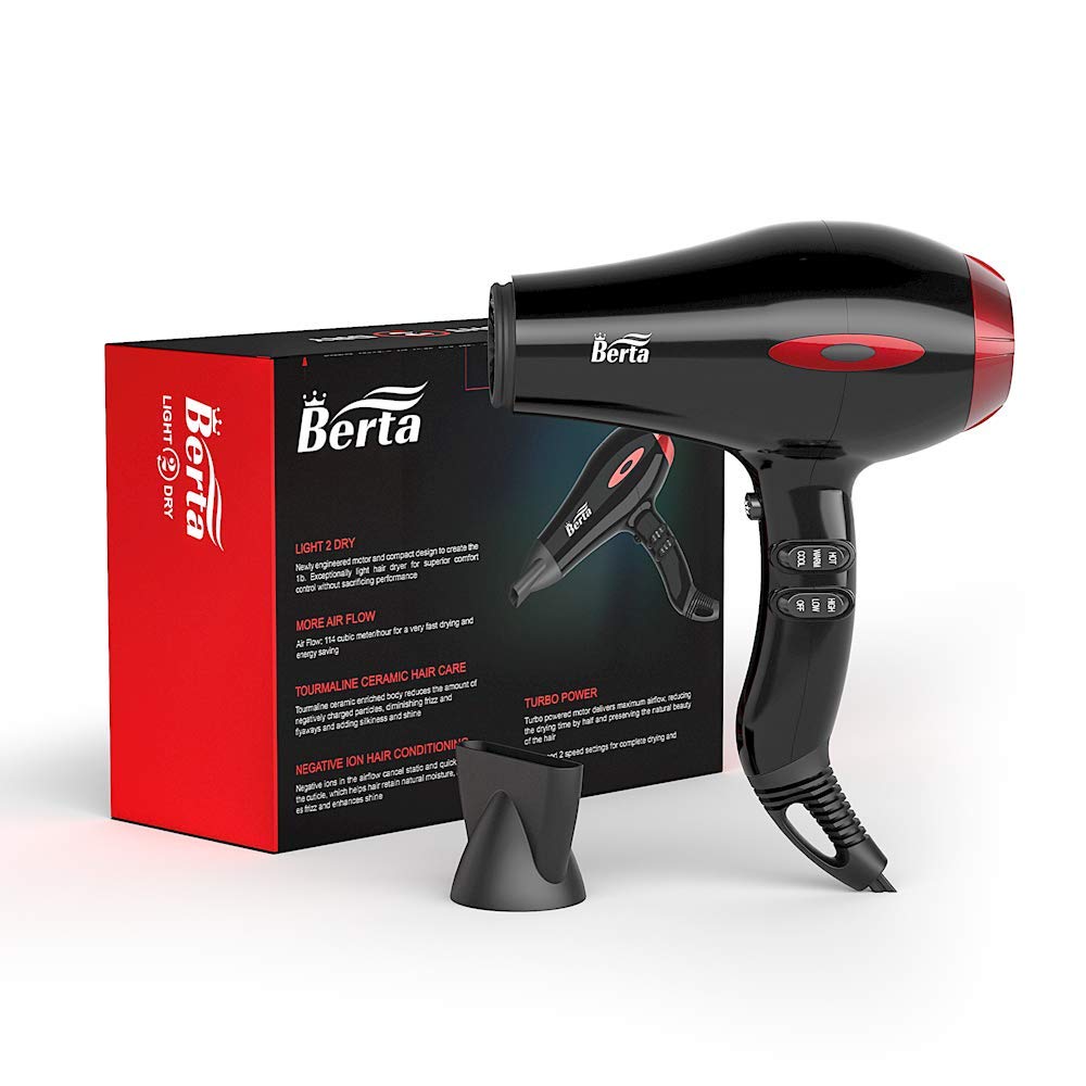 BERTA 1875W Professional Salon Hair Dryer Negative Ionic Blow Dryer, 2 Speed 3 Heat Settings Cool Button with AC Motor, Concentrator Nozzle & Diffuser