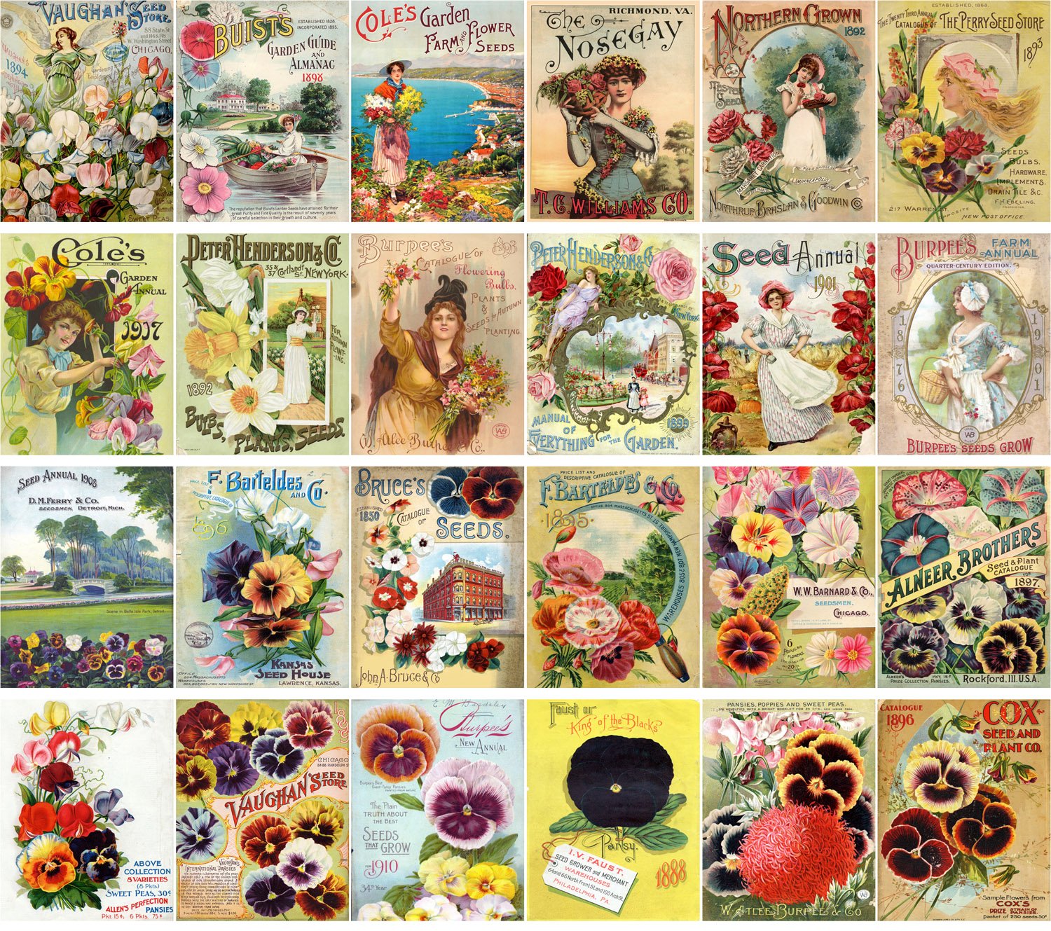 Large Stickers (24 pcs 2.5"x3.5") Flowers Vintage Seed Pockets Gardens Pansies