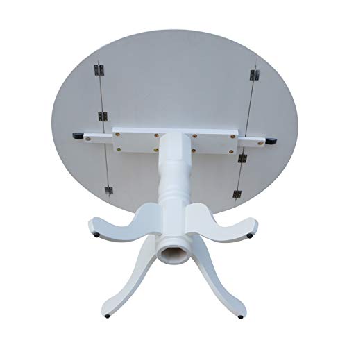 IC International Concepts, 42" Round Dual Drop Leaf Pedestal Dining Table, Solid Real Wood, Sturdy Parawood, White