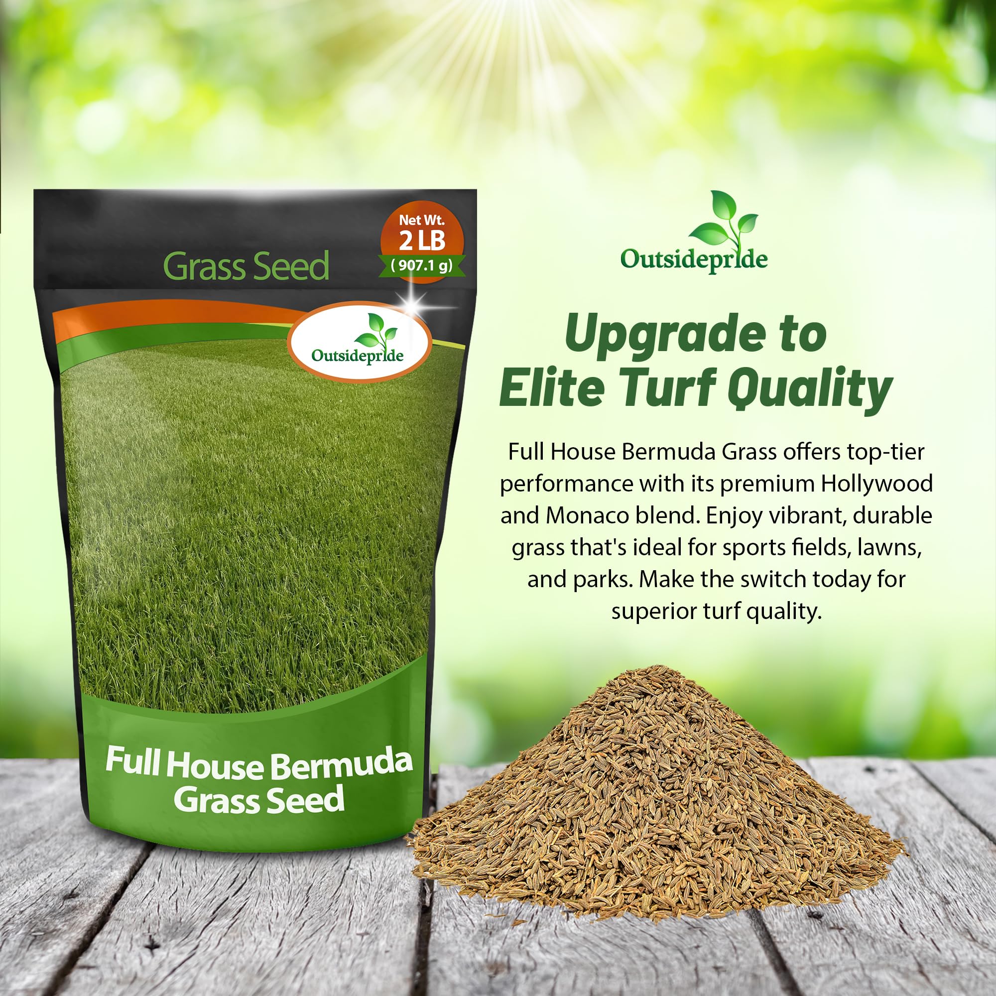 Outsidepride Full House Bermuda Grass Seed Mix - 2 lbs. Premium Warm Season Turf Blend of Traffic & Drought-Tolerant Monaco & Hollywood Bermuda Grass Seeds for Lawn, Golf Courses & Fairways