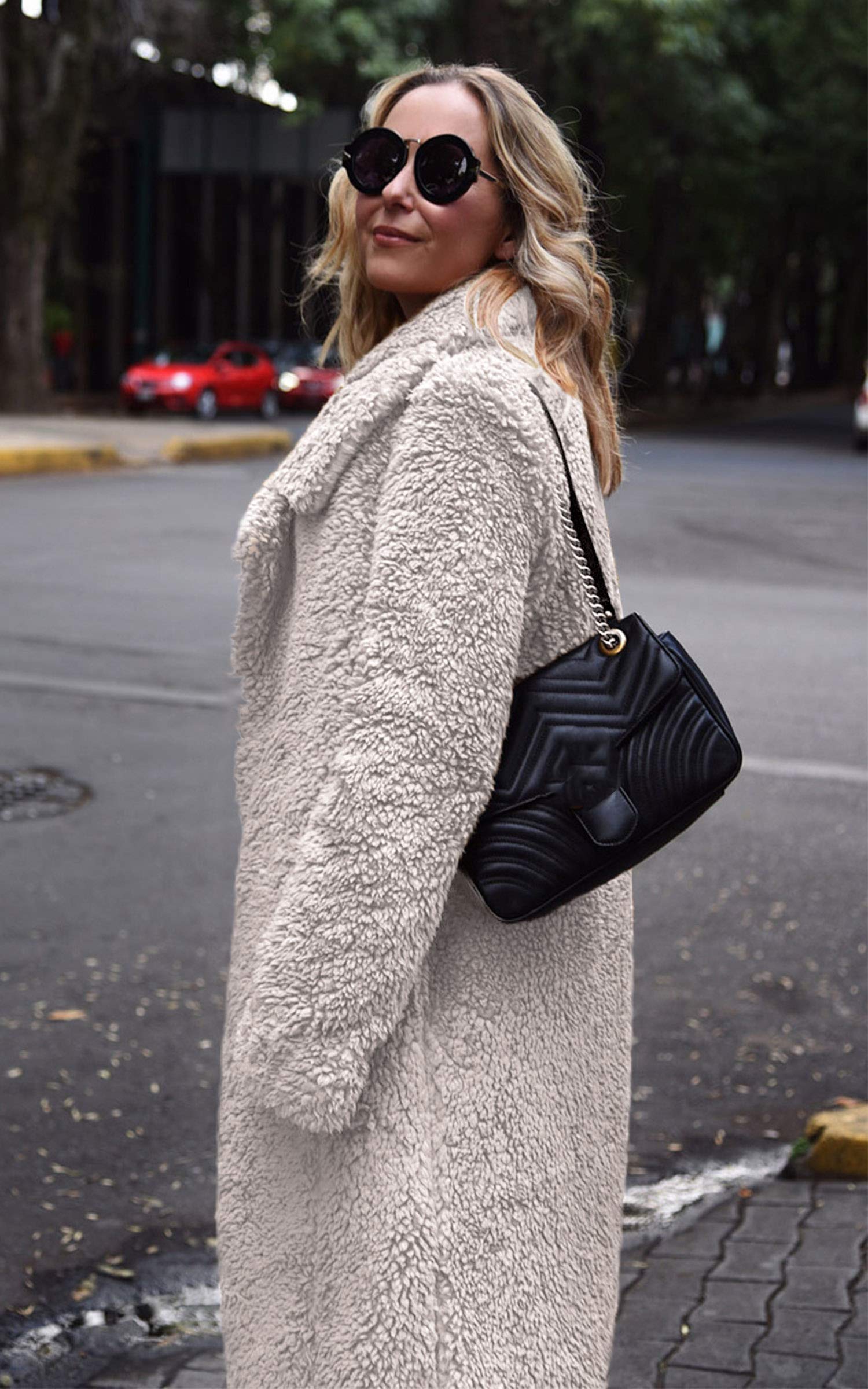 Angashion Women's Fuzzy Fleece Lapel Open Front Long Cardigan Coat Faux Fur Warm Winter Outwear Jackets Light Beige M