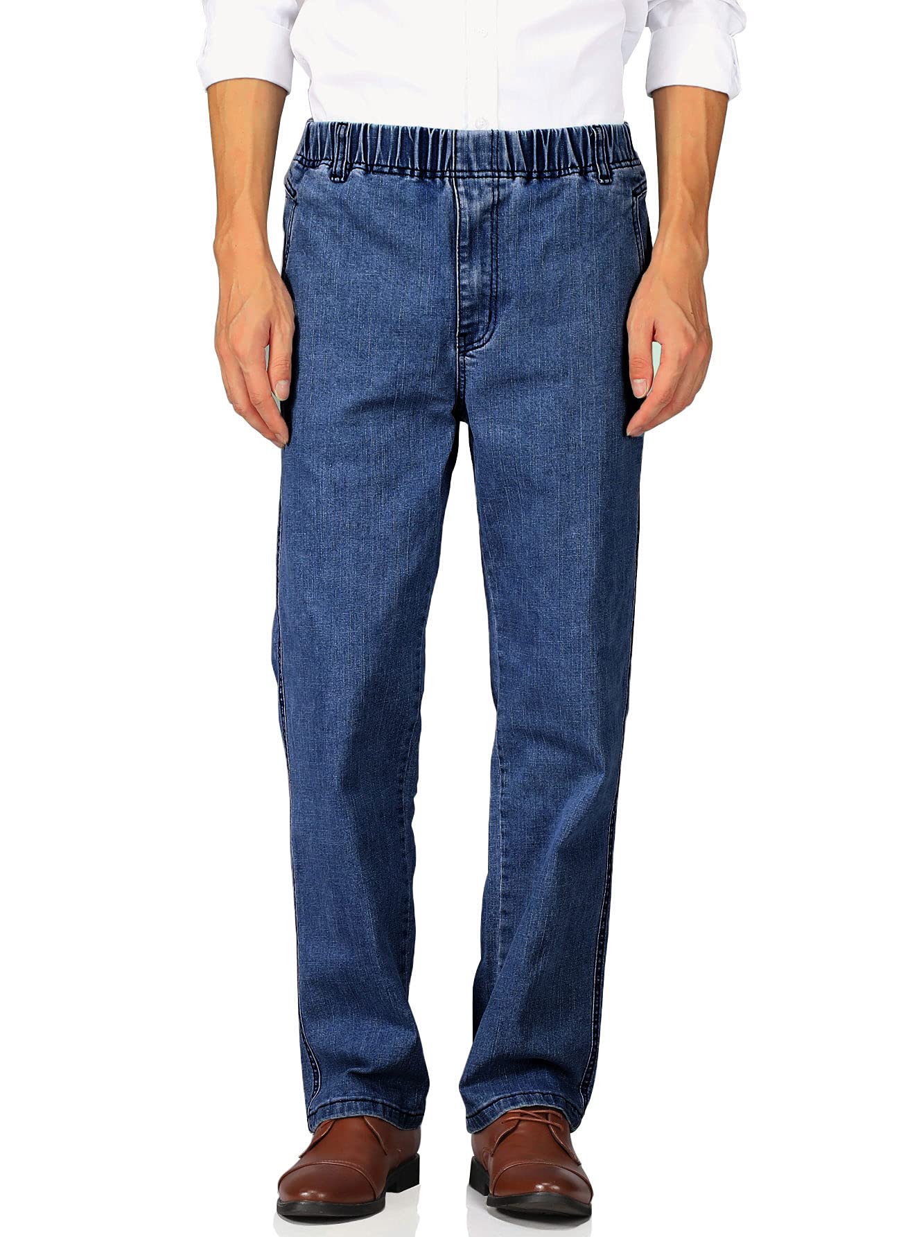 Soojun Mens Casual Loose Fit Elastic Waist Jeans Denim Pants, Indigo, 38W x 32L