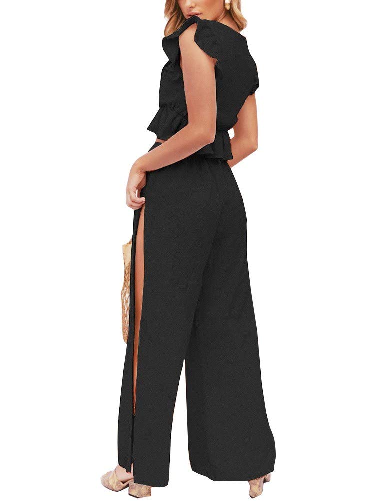 FANCYINN 2 Pieces Black Beach Jumpsuits Outfits for Women Deep V Neck Crop Top Side Slit Drawstring Wide Leg Pants Set Halloween Black Witch M