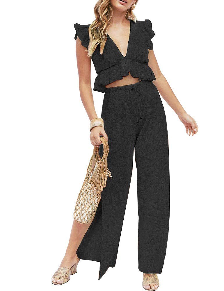 FANCYINN 2 Pieces Black Beach Jumpsuits Outfits for Women Deep V Neck Crop Top Side Slit Drawstring Wide Leg Pants Set Halloween Black Witch M