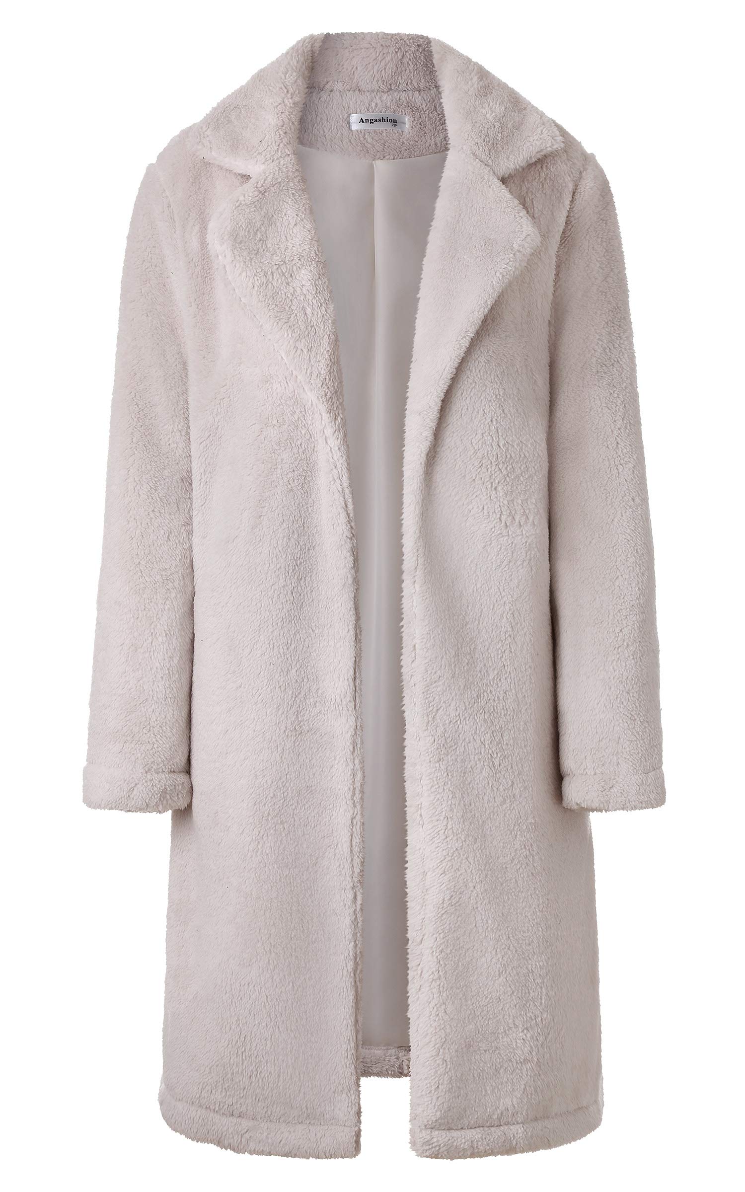 Angashion Women's Fuzzy Fleece Lapel Open Front Long Cardigan Coat Faux Fur Warm Winter Outwear Jackets Light Beige M