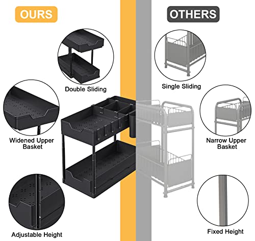 Under Sink Organizers and Storage, 2 Tier Sliding Under Cabinet Organizer with Adjustable Height, Multi-purpose Under Sink Kitchen Bathroom Organizer and Storage with Hook, Hanging Cup, Dividers