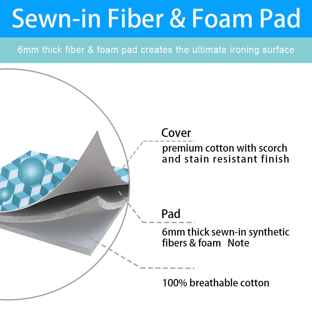 Extra-Wide Ironing Board Cover and Pad Replacement with Scorch and Stain Resistant Thick Padding and Elasticized Edge 18" x 49" Ironing Board Covers 4 Fasteners and 1 Protective Scorch Mesh Cloth