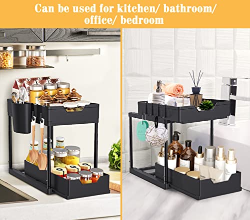 Under Sink Organizers and Storage, 2 Tier Sliding Under Cabinet Organizer with Adjustable Height, Multi-purpose Under Sink Kitchen Bathroom Organizer and Storage with Hook, Hanging Cup, Dividers