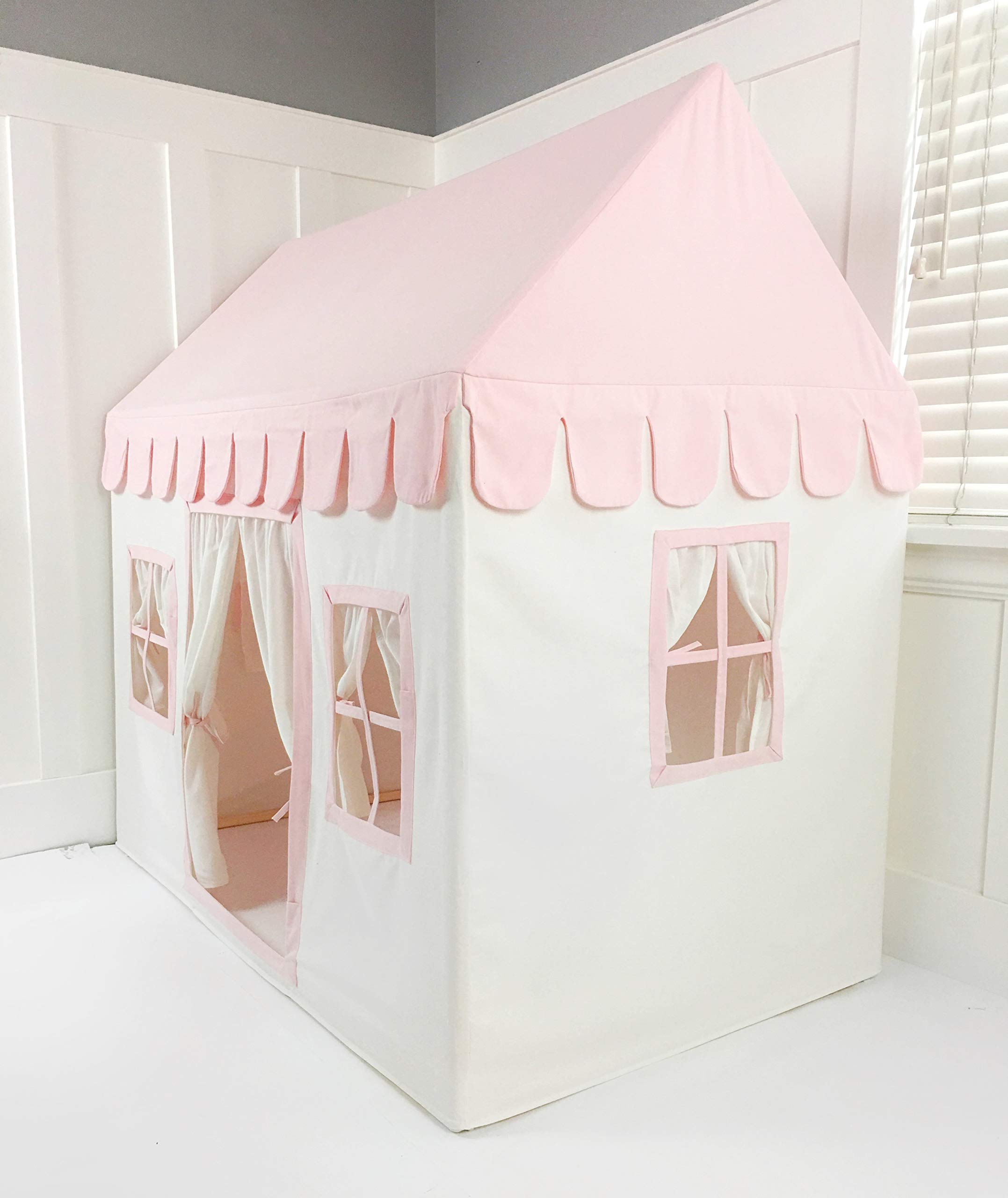 Kids Pink and White Playhouse | Indoor Play Tent | Cotton Canvas | Premium Quality (57" Wide x 36" deep x 57" Tall) (Pink) | by Domestic Objects