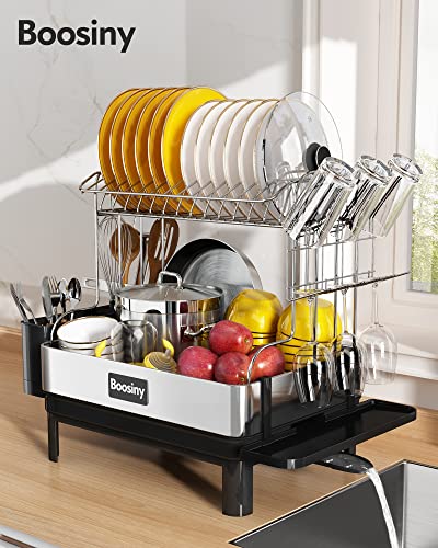 BOOSINY Dish Drying Rack with Drainboard Set, 304 Stainless Steel Dish Rack, 2 Tier Extra Large Dish Drainer with Cup Holder and Utensil Holder for Kitchen Counter of Big Family