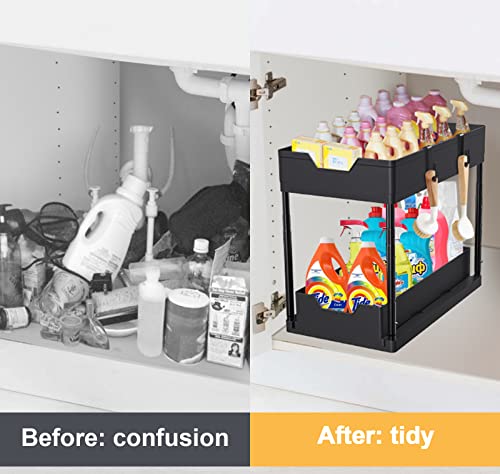 Under Sink Organizers and Storage, 2 Tier Sliding Under Cabinet Organizer with Adjustable Height, Multi-purpose Under Sink Kitchen Bathroom Organizer and Storage with Hook, Hanging Cup, Dividers