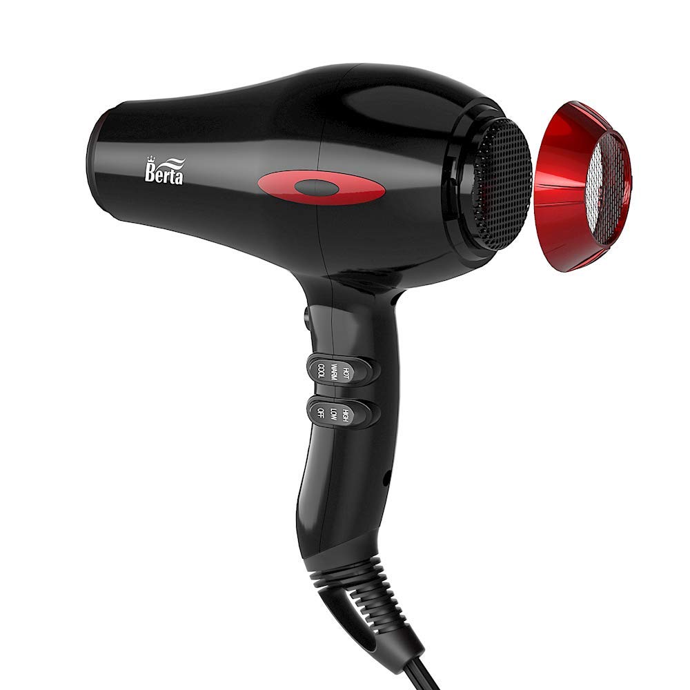BERTA 1875W Professional Salon Hair Dryer Negative Ionic Blow Dryer, 2 Speed 3 Heat Settings Cool Button with AC Motor, Concentrator Nozzle & Diffuser