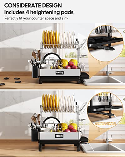BOOSINY Dish Drying Rack with Drainboard Set, 304 Stainless Steel Dish Rack, 2 Tier Extra Large Dish Drainer with Cup Holder and Utensil Holder for Kitchen Counter of Big Family