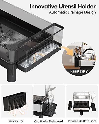 BOOSINY Dish Drying Rack with Drainboard Set, 304 Stainless Steel Dish Rack, 2 Tier Extra Large Dish Drainer with Cup Holder and Utensil Holder for Kitchen Counter of Big Family