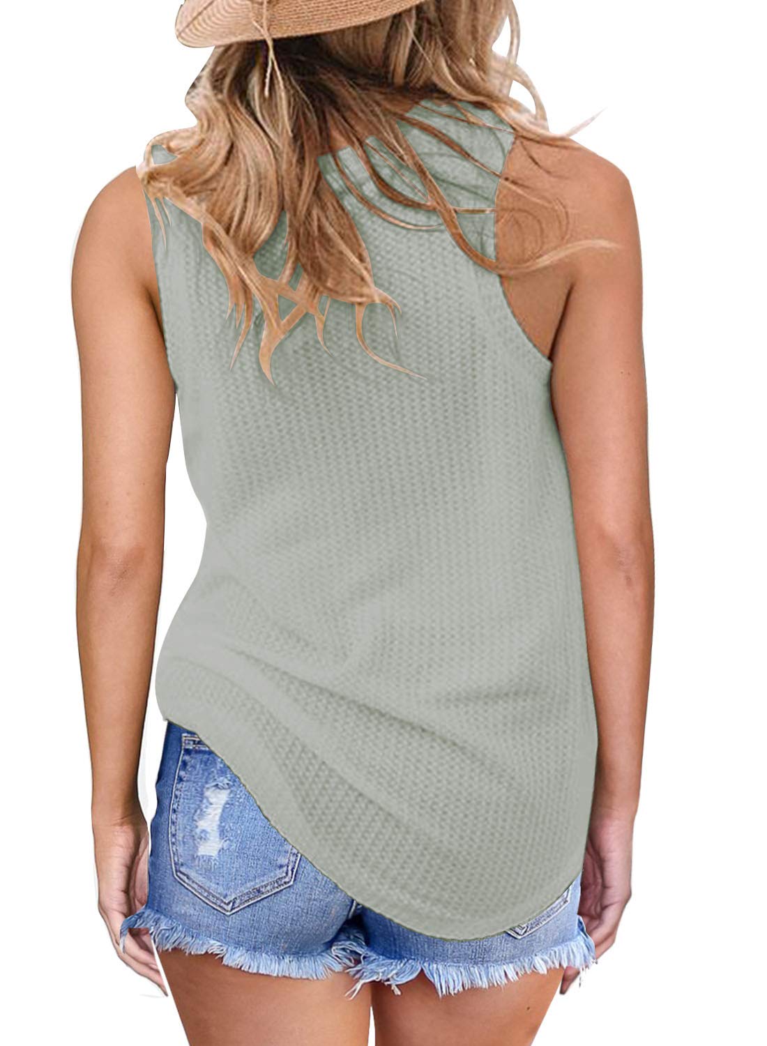 MIHOLL Womens Casual Tops Sleeveless Cute Twist Knot Waffle Knit Shirts Tank Tops (Medium, Light Green)