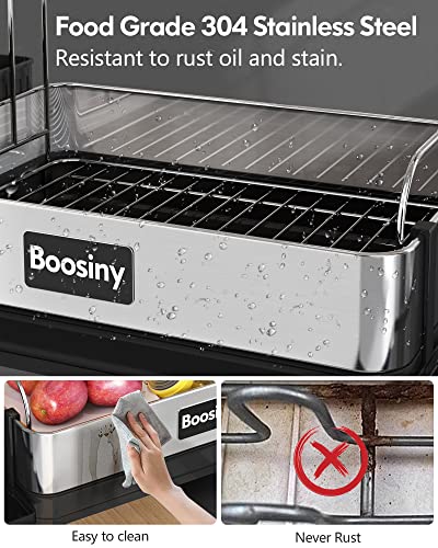 BOOSINY Dish Drying Rack with Drainboard Set, 304 Stainless Steel Dish Rack, 2 Tier Extra Large Dish Drainer with Cup Holder and Utensil Holder for Kitchen Counter of Big Family